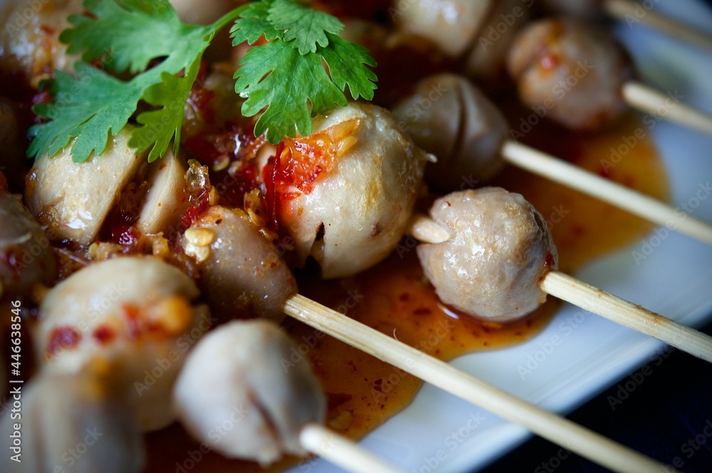 Pork Balls in Bamboo Stick with Sweet Chili Dipping Sauce Thai Tasty ...