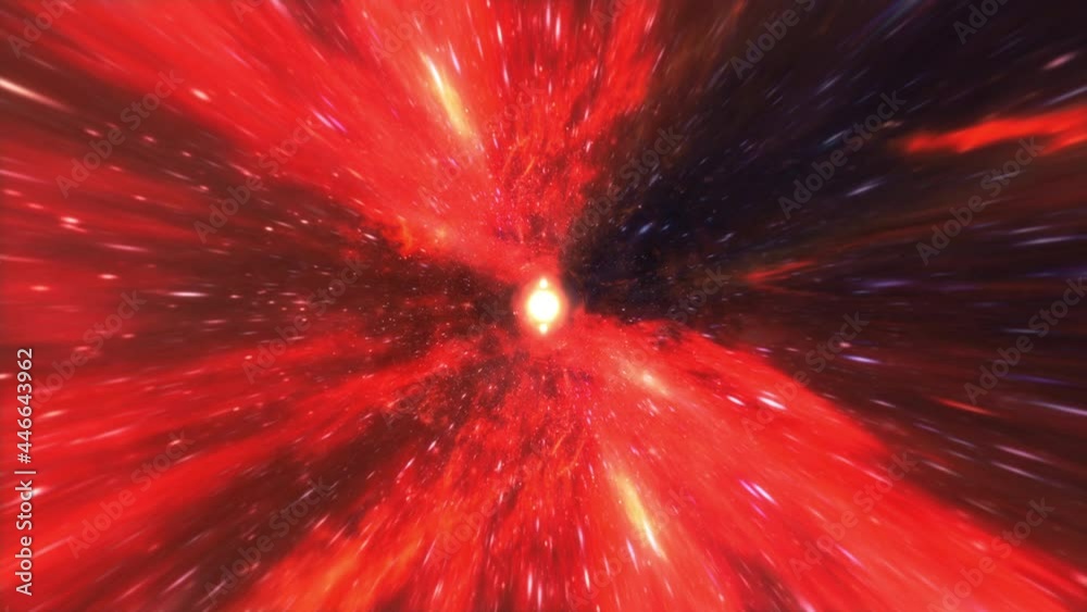 Abstract colorful red hyperspace worm hole tunnel through space time vortex loop background. 4K ...