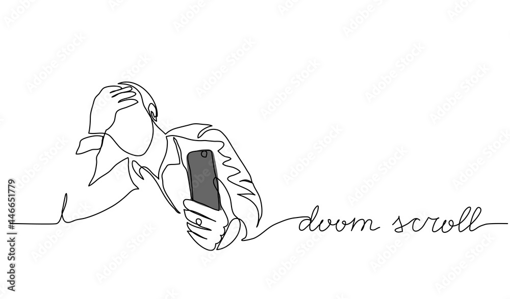 Doom scroll, doomscrolling vector illustration. One line drawing art ...