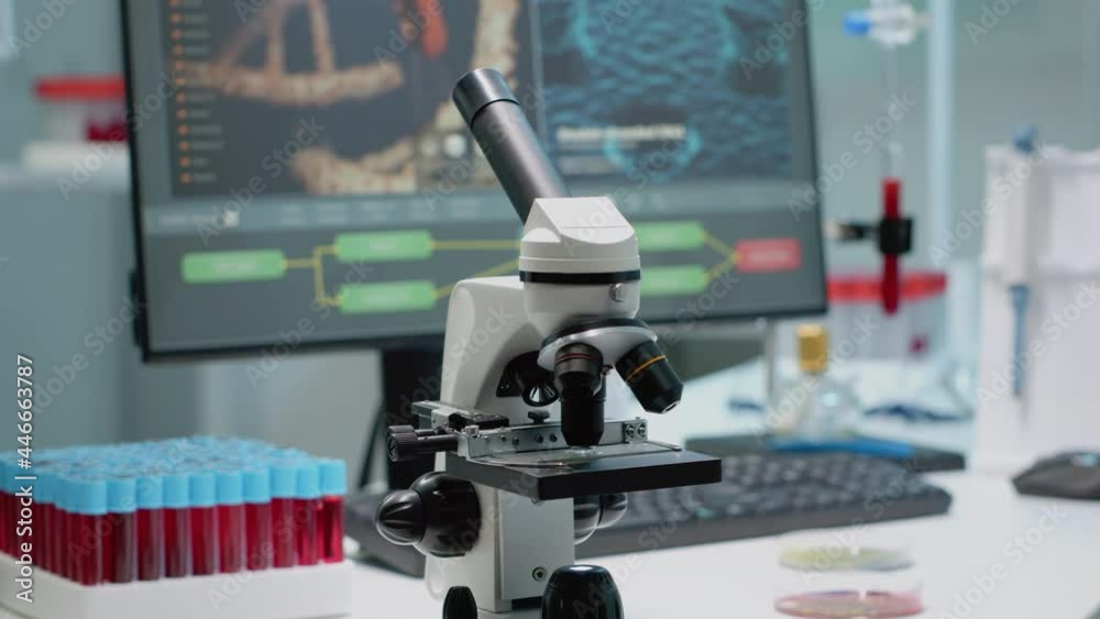Close up of chemical microscope and medical research equipment in ...