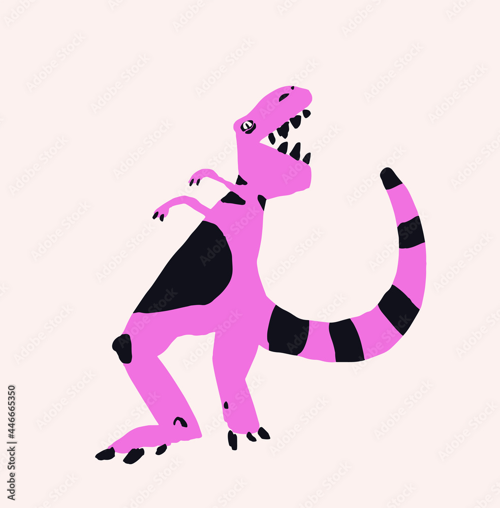 Funny and cute roar pink t-rex dinosaur in flat design and watercolor ...