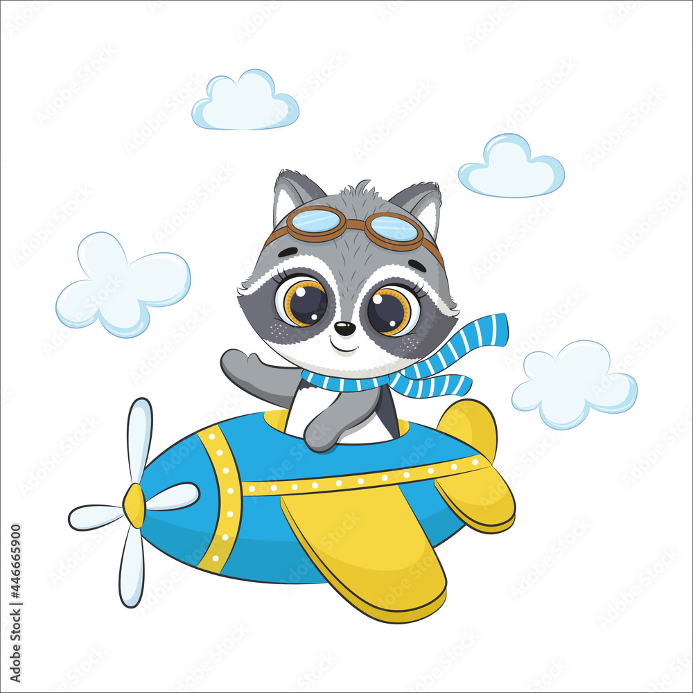 Cute baby raccoon is flying on a plane. Cartoon vector illustration ...