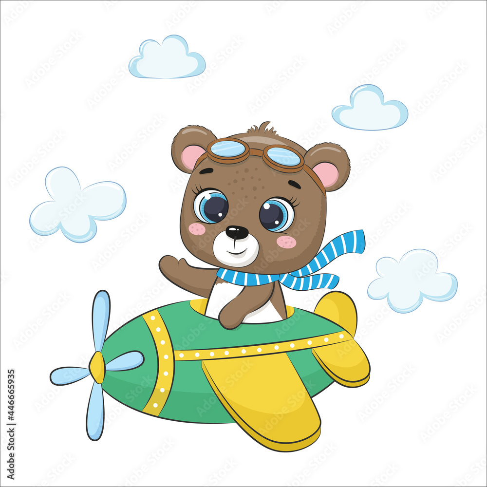 Cute baby bear is flying on a plane. Cartoon vector illustration. Stock ...