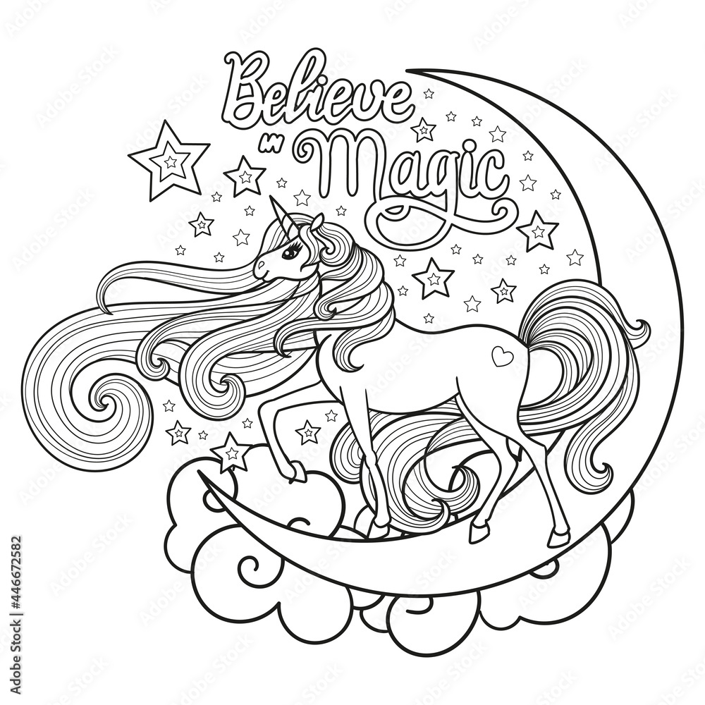 A unicorn with a long mane on a crescent moon. Inscription I believe in ...