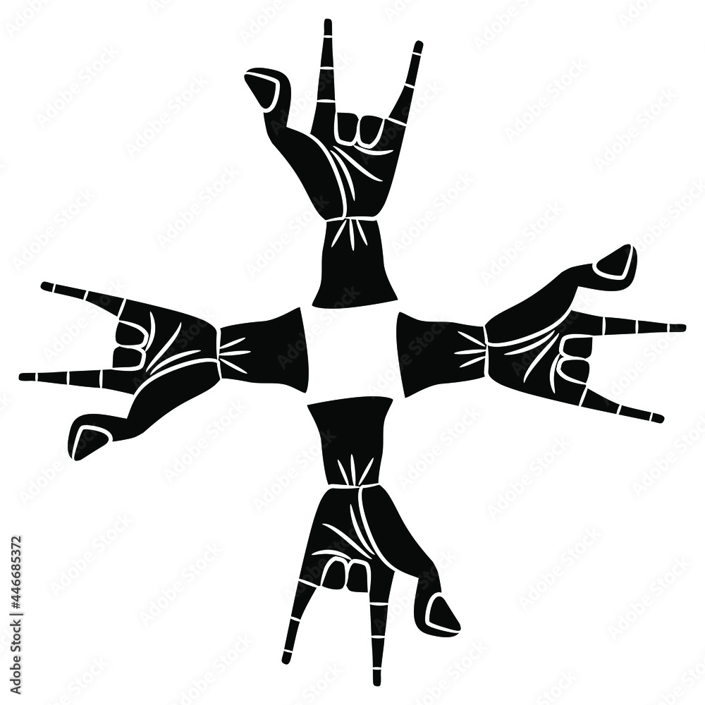 Square cross shape with four human hands showing two fingers ...