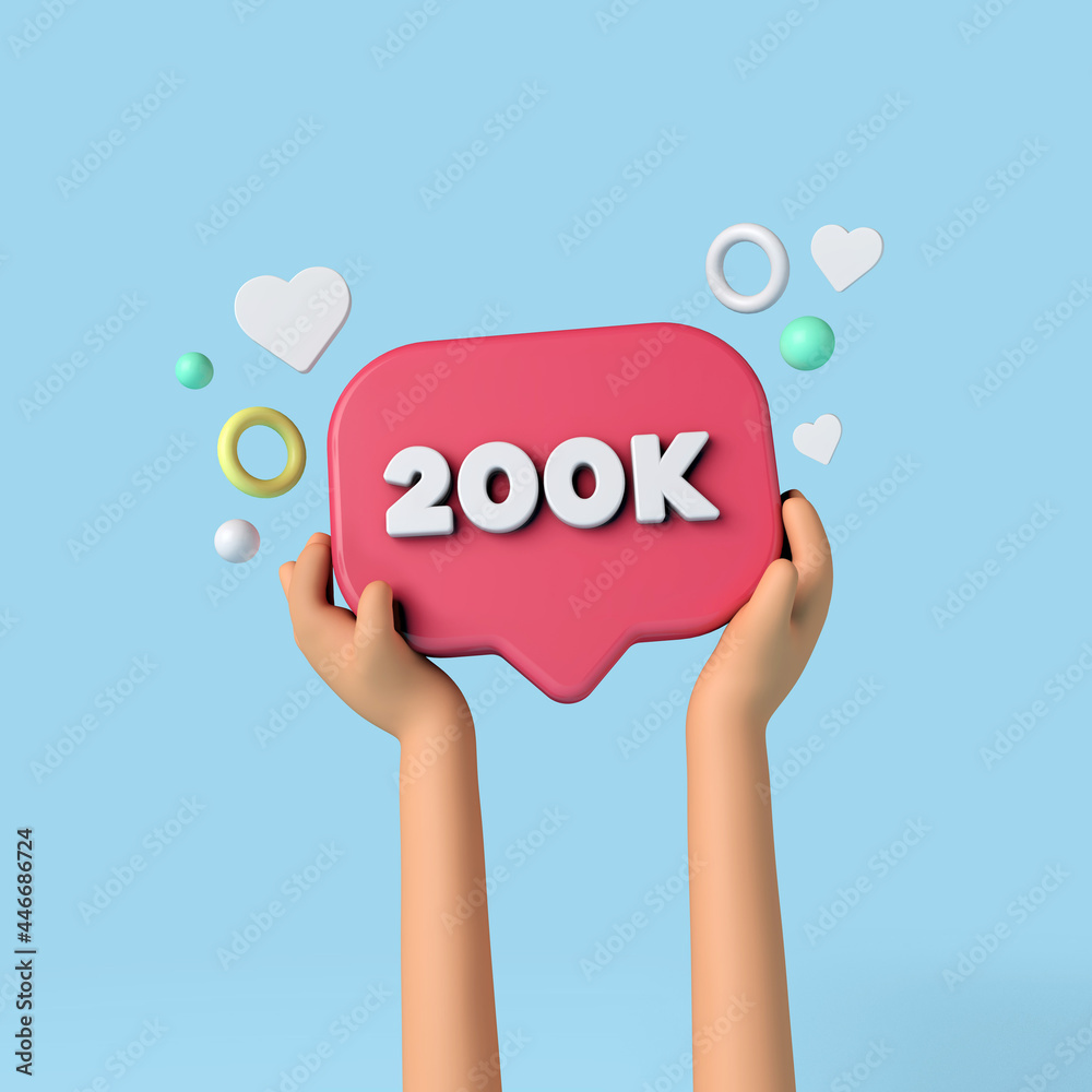 200k social media subscribers sign held by an influencer. 3D Rendering ...