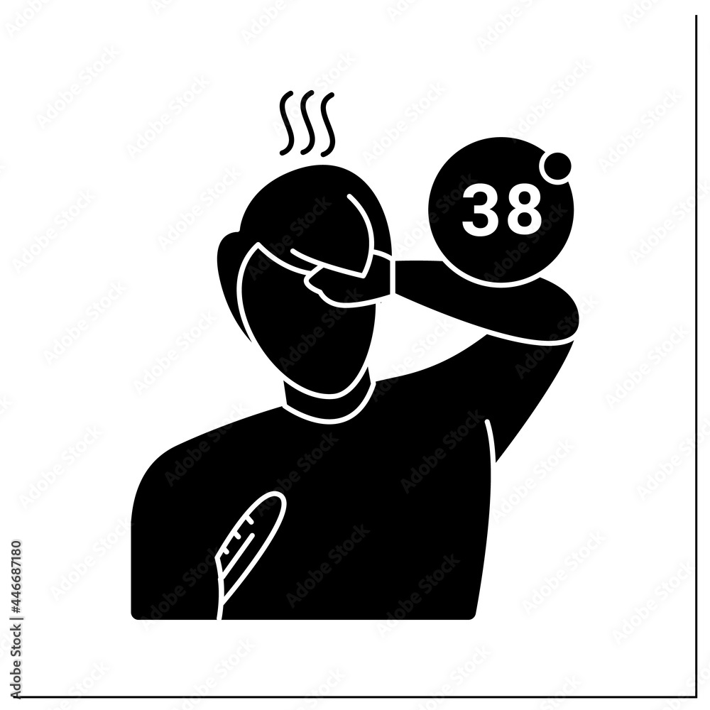 Fever glyph icon.Male person having heat and measuring body temperature ...