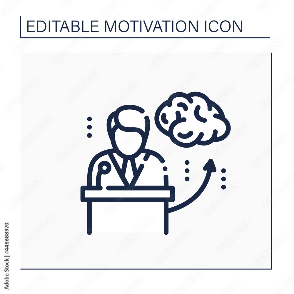 Motivational speaker line icon. Inspired speech from competent mentor ...