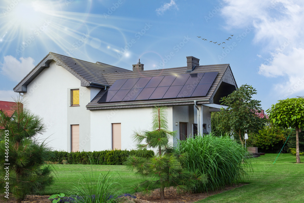 Beautiful house with solar panels. Clear sky an sun. ECO CONCEPT. Stock ...