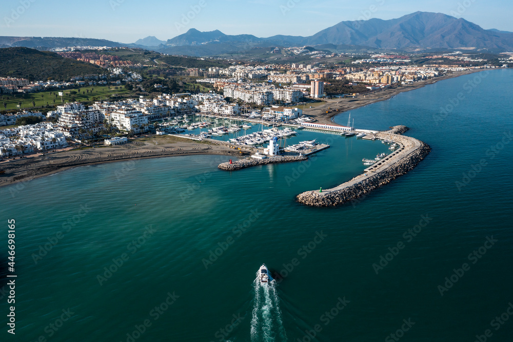 Aerial view of Puerto Marina, the city harbour with boats in Malaga ...