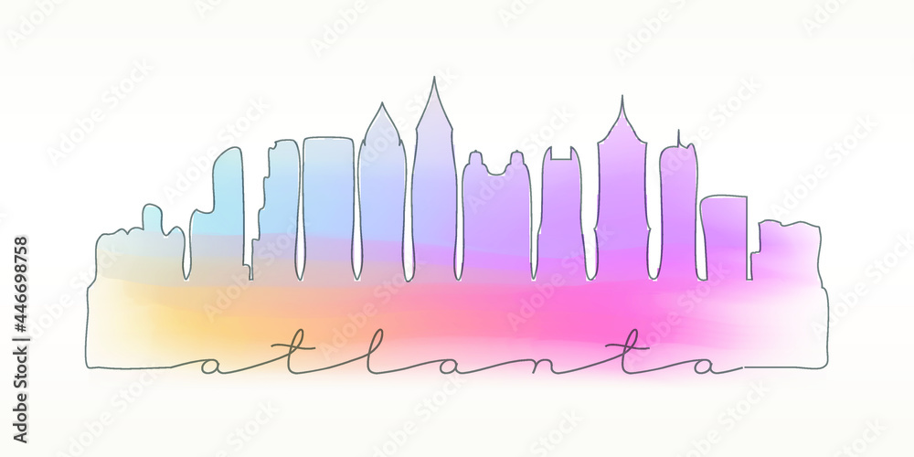 Atlanta, GA, USA Skyline Watercolor City Illustration. Famous Buildings ...