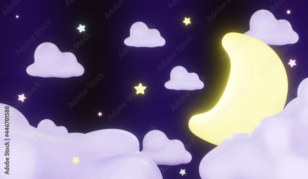 Bedtime background, clouds and moon on the night 3D Representation ...