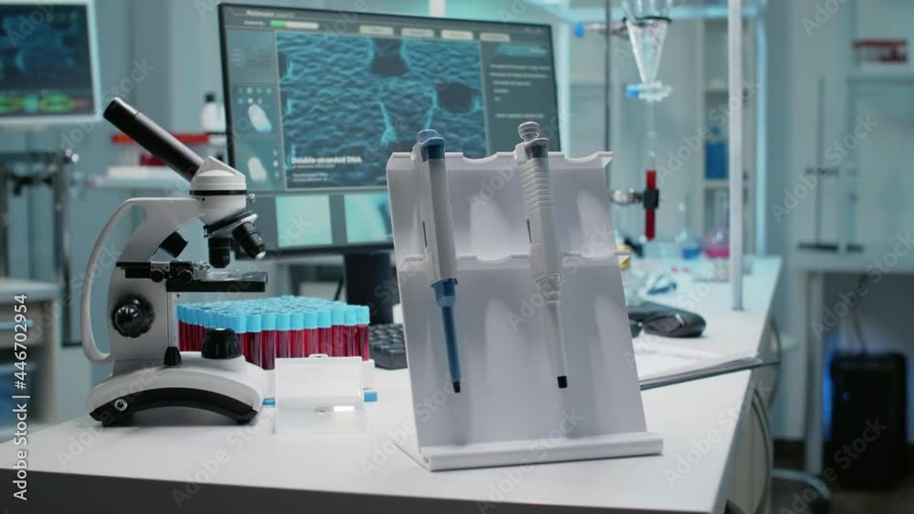 Video Stock Close up of scientific micropipette and instruments in ...