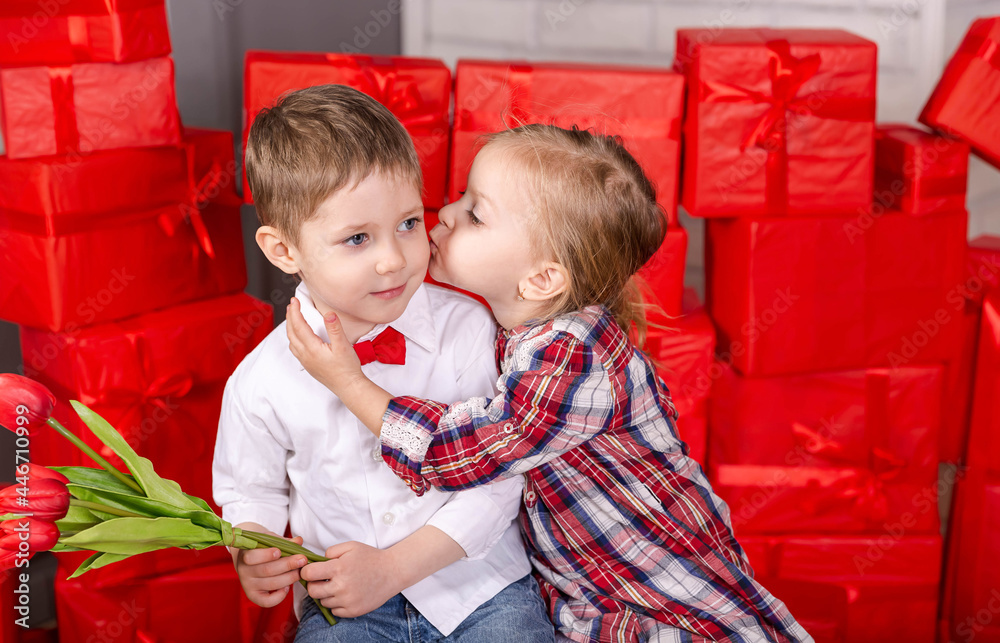 Romantic meeting of two children. Cute couple of kids kissing each ...