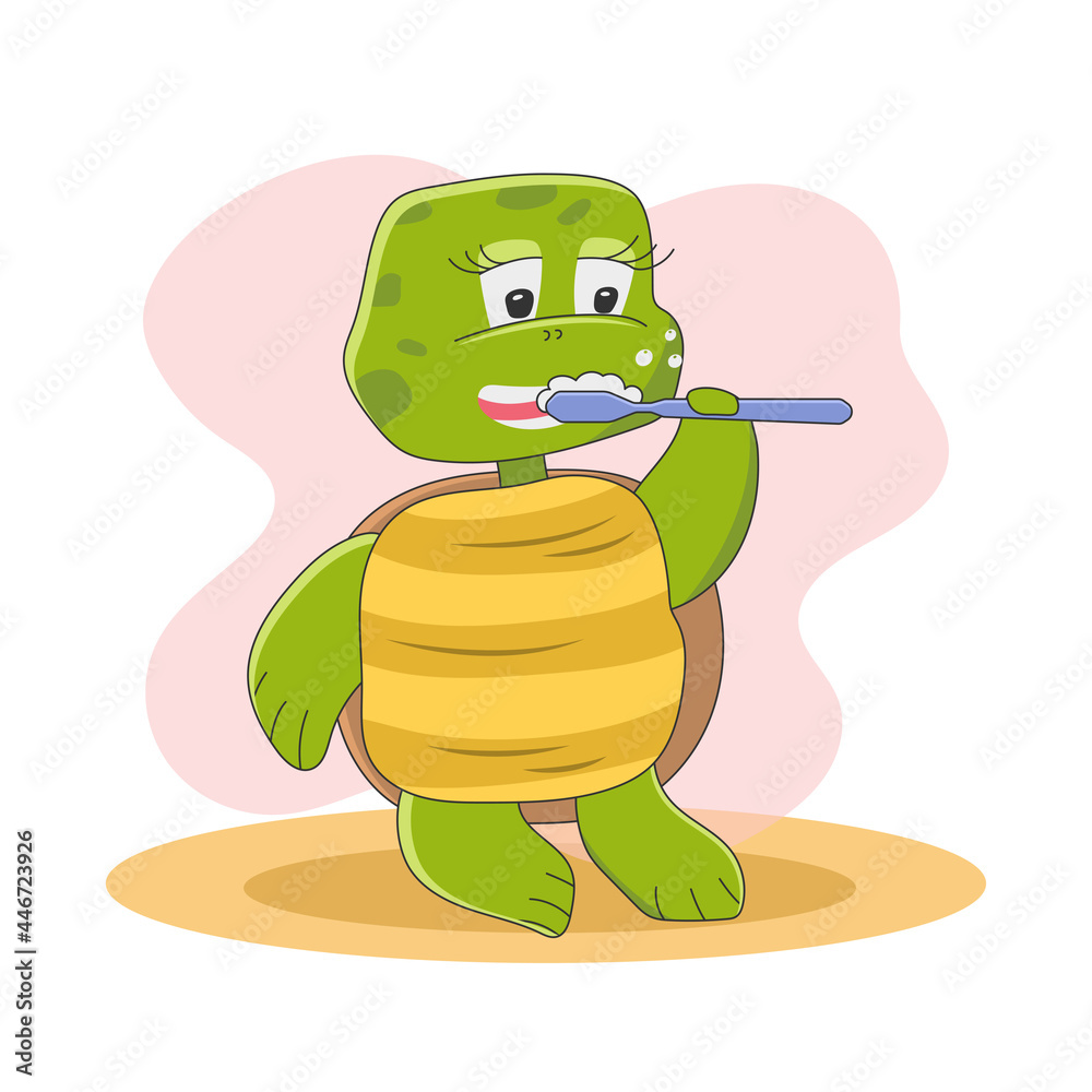 Cute turtle character is standing and brushing his teeth with a ...