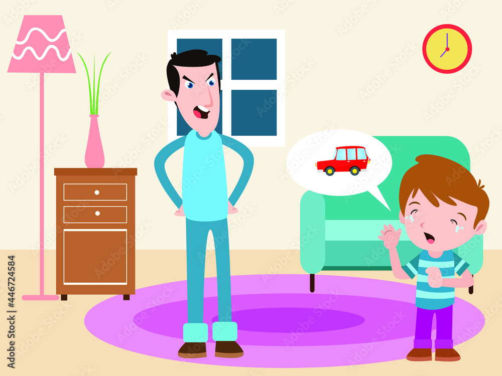 Boy crying asking for a toy to his father 2D cartoon concept for banner ...