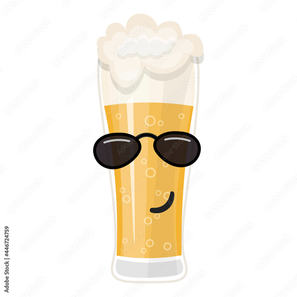 Vector cartoon funny beer glass in sunglasses. Cute character on a ...
