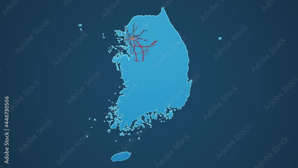 Light blue map of South Korea with cities, roads and railways on a dark ...