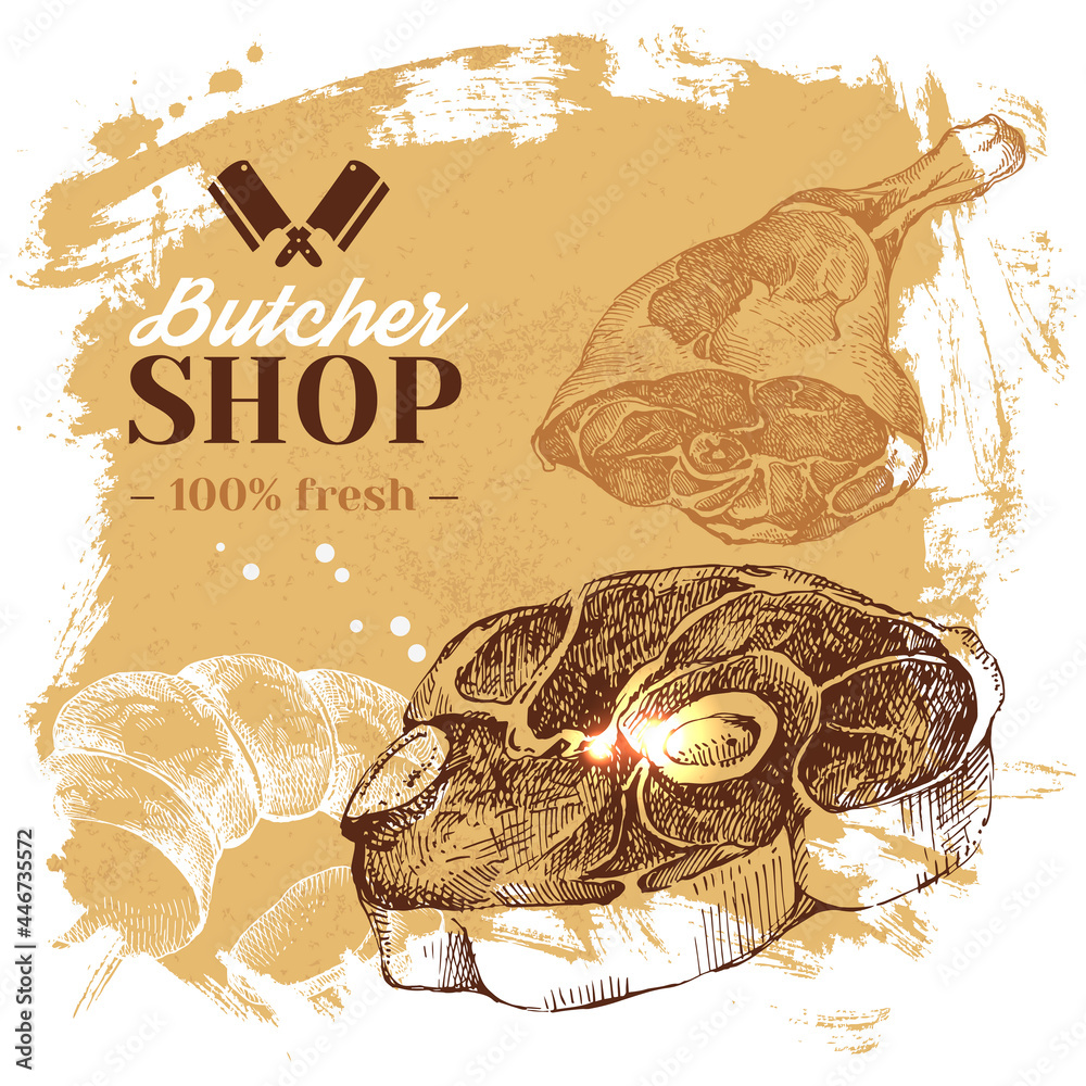 Hand drawn sketch meat butcher shop background. Vector vintage ...