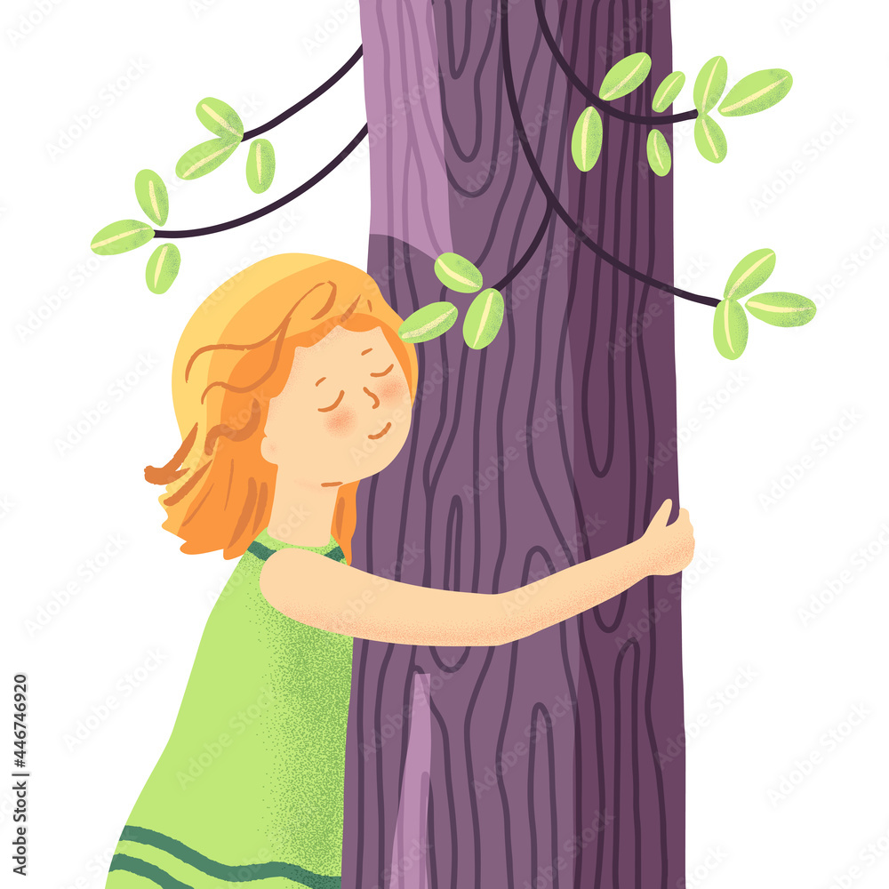 Cute young girl hugging a tree. Love nature, save Earth concept. Eco ...