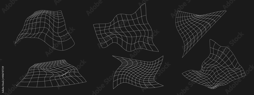 Set of retrofuturistic perspective liquid distorted grids. Cyber design elements. Collection of ...