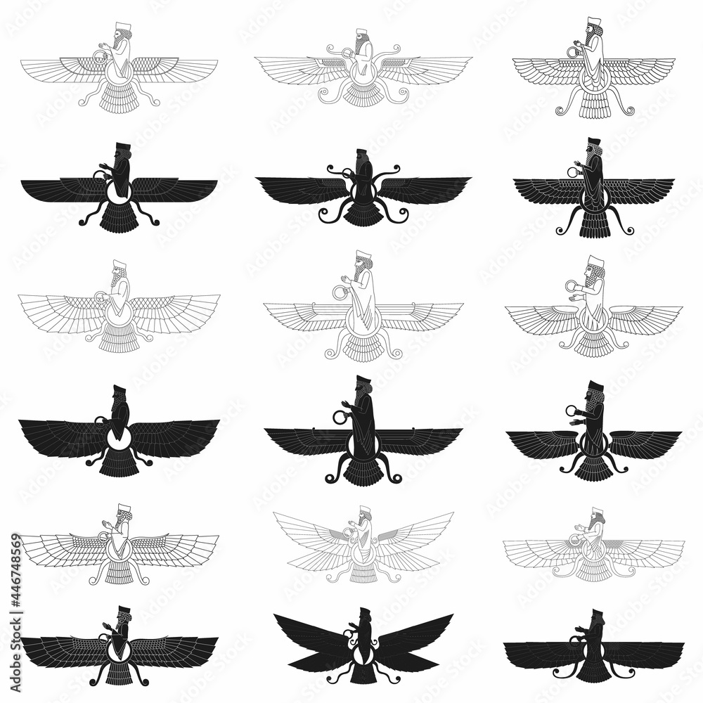 vector monochrome icon set with ancient sumerian symbol Faravahar for ...