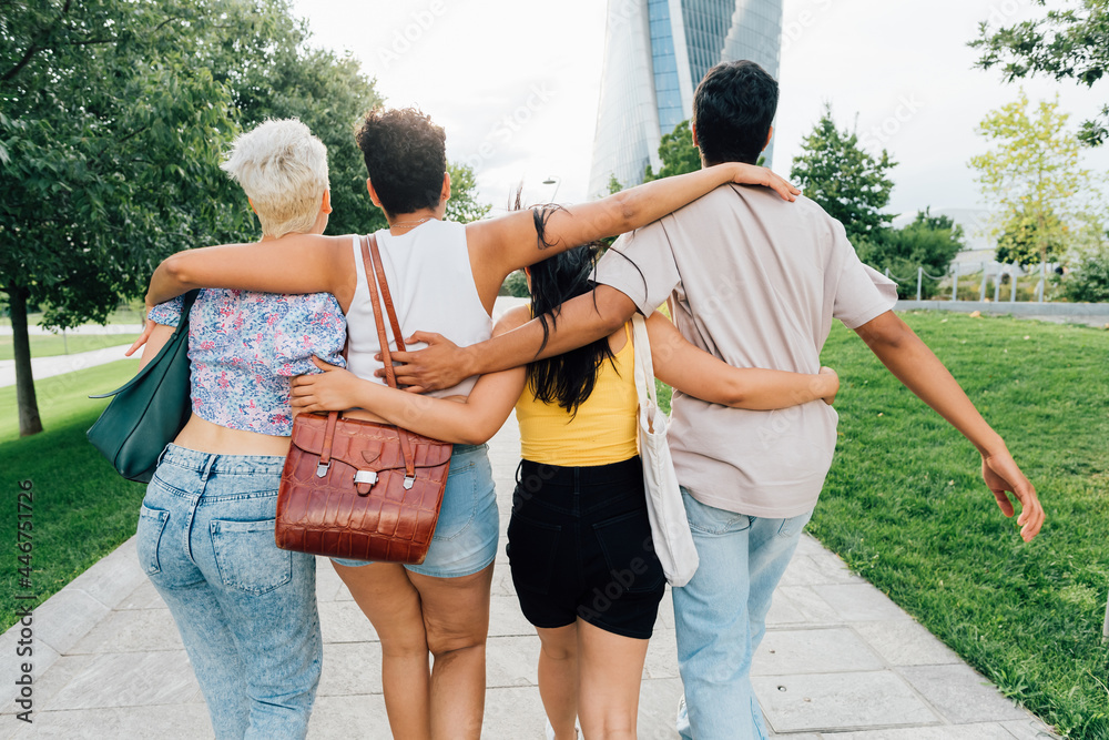 Back View Of Group Of Multiethnic Friends Hugging Walking Outdoor