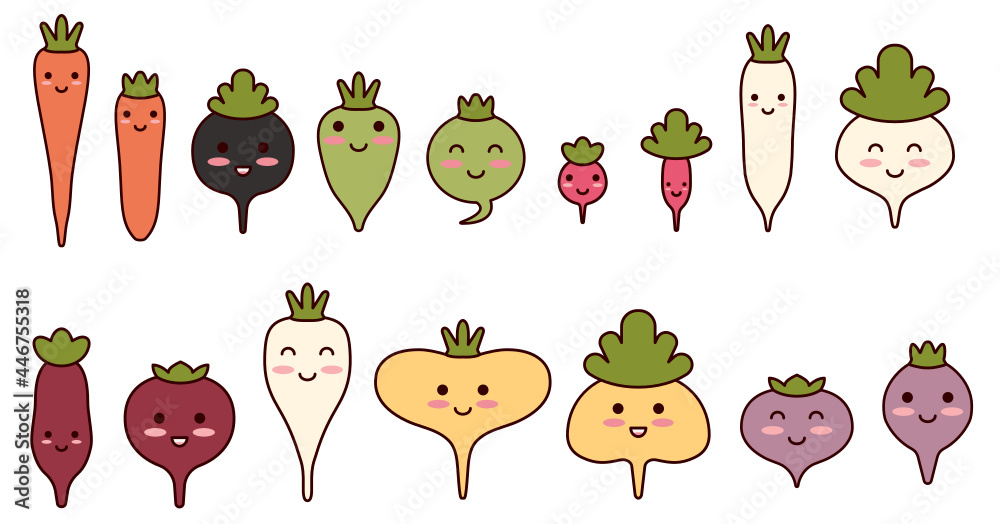 Cute cartoon vegetables. Kawaii root vegetables smile at baby. Beetroot ...