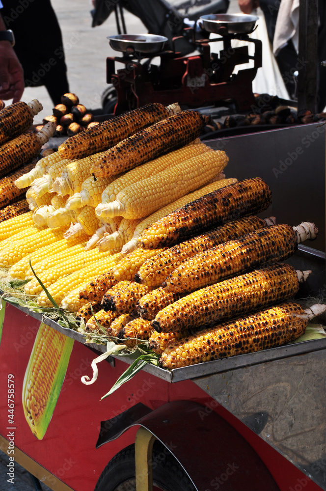 Fast food. Fried and fresh cobs of corn. Fast food kiosk counter. Stock ...