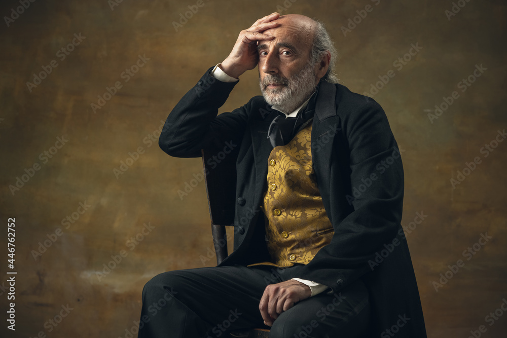 Half-length retro portrait of sad elderly gray-haired man, gentleman ...