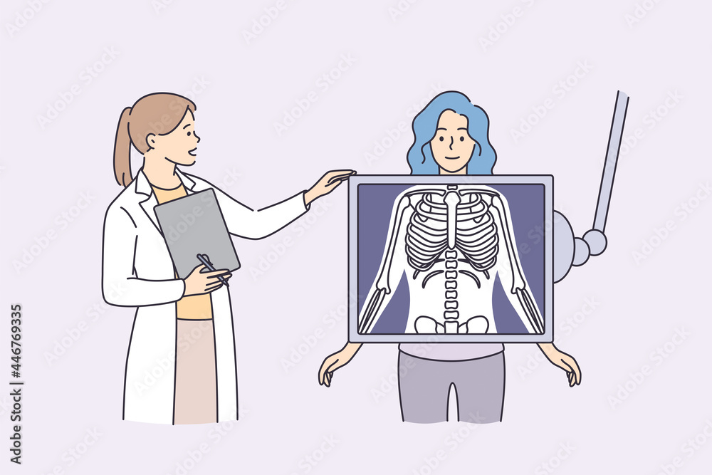 Radiology and body scan in medicine concept. Woman patient cartoon ...