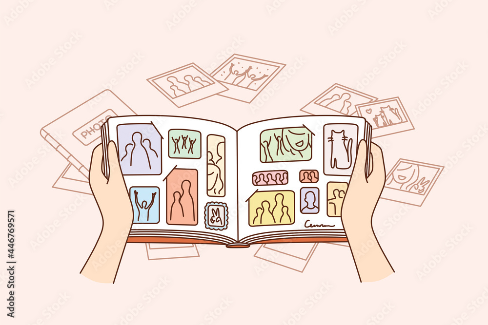 Good memories and photos concept. Flat-lay of human hands holding photo ...