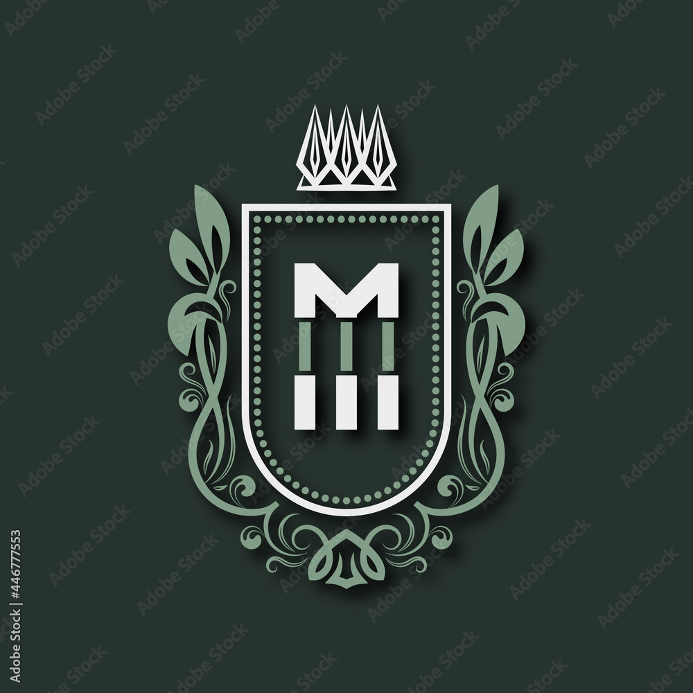 Vintage premium monogram of letter M. Heraldic coat of arms in form of ...
