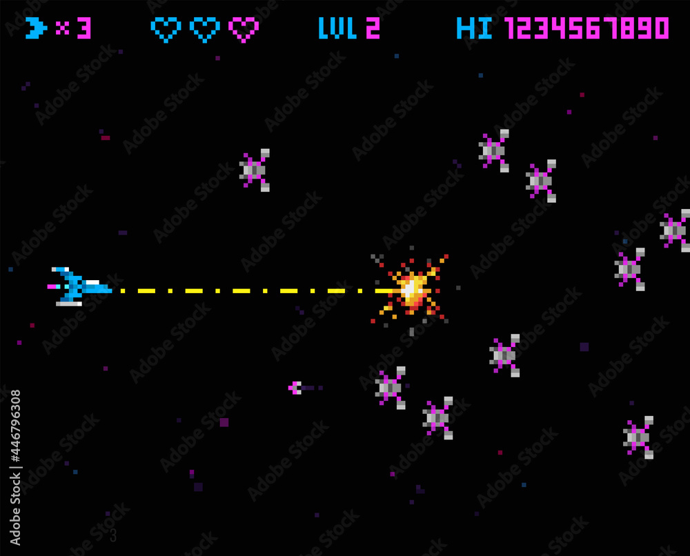 Pixel art 8-bit retro video game of battle space ship vs Ufo. Simple ...
