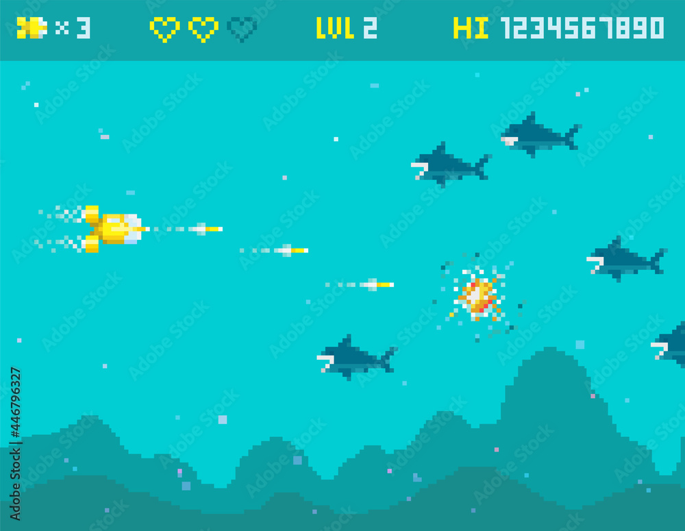 Pixel art 8 bit arcade game underwater landscape with bathyscaphe or ...