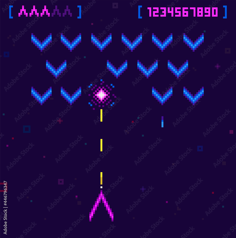 Pixel art 8 bit arcade video game of space Ufo battle. Simple pixel ...