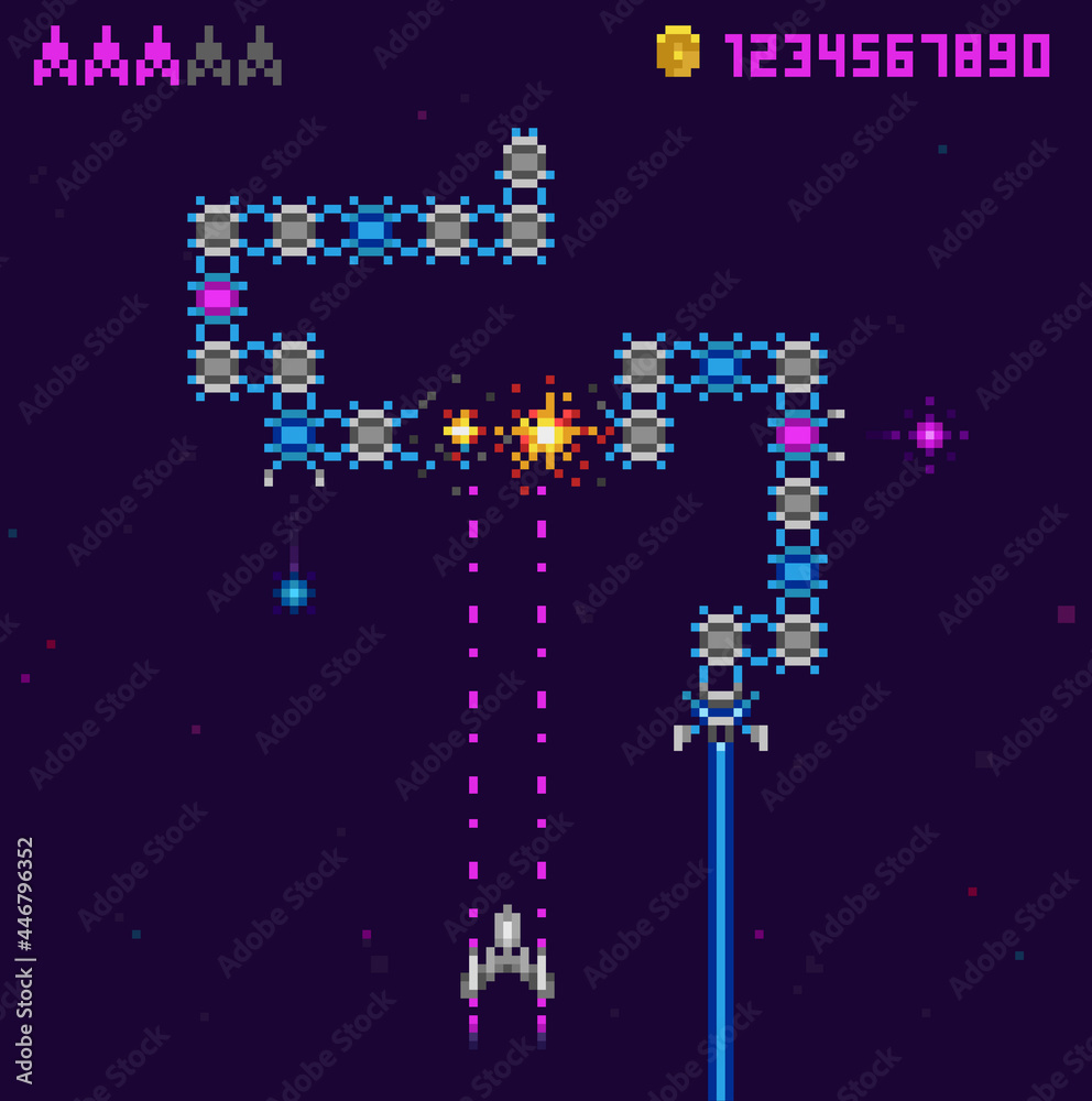 Retro 8 bit arcade space snake video game vector template. 8 bit UFO ...