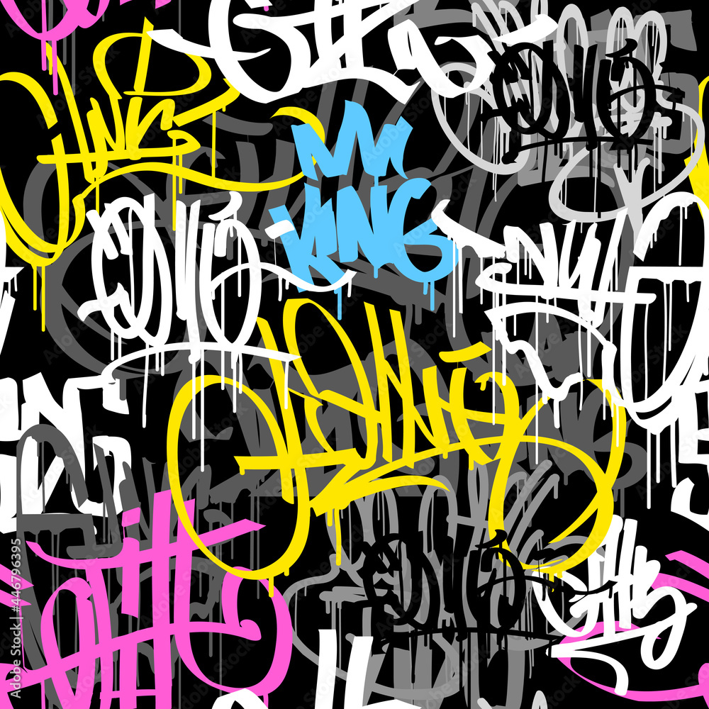 Graffiti street art tags colorful grunge style vector seamless pattern ...