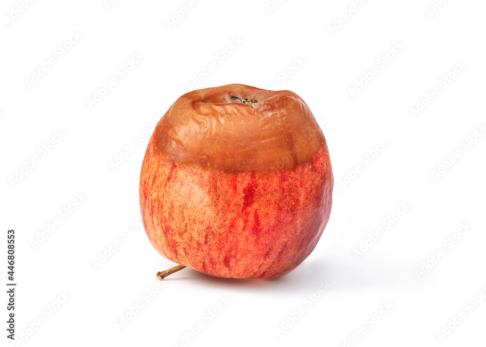 Half rotten apple. Red apple with brown decomposed, soft and squishy ...