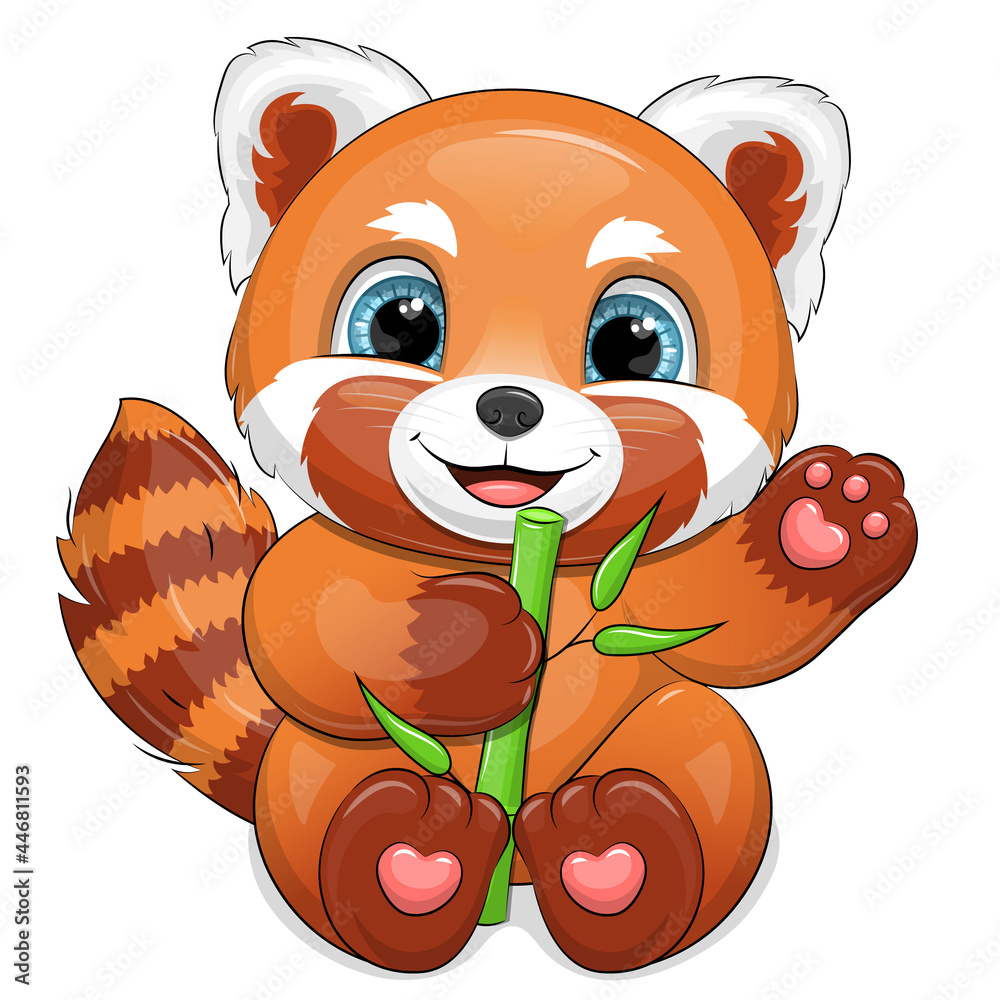 Cute cartoon red panda eating bamboo. Vector illustration of an animal ...