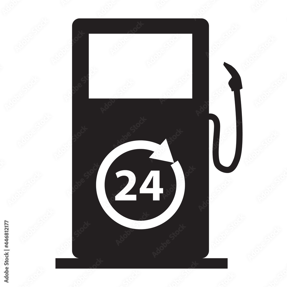 fuel station with 24 hours icon on white background. 24 hour black fuel ...