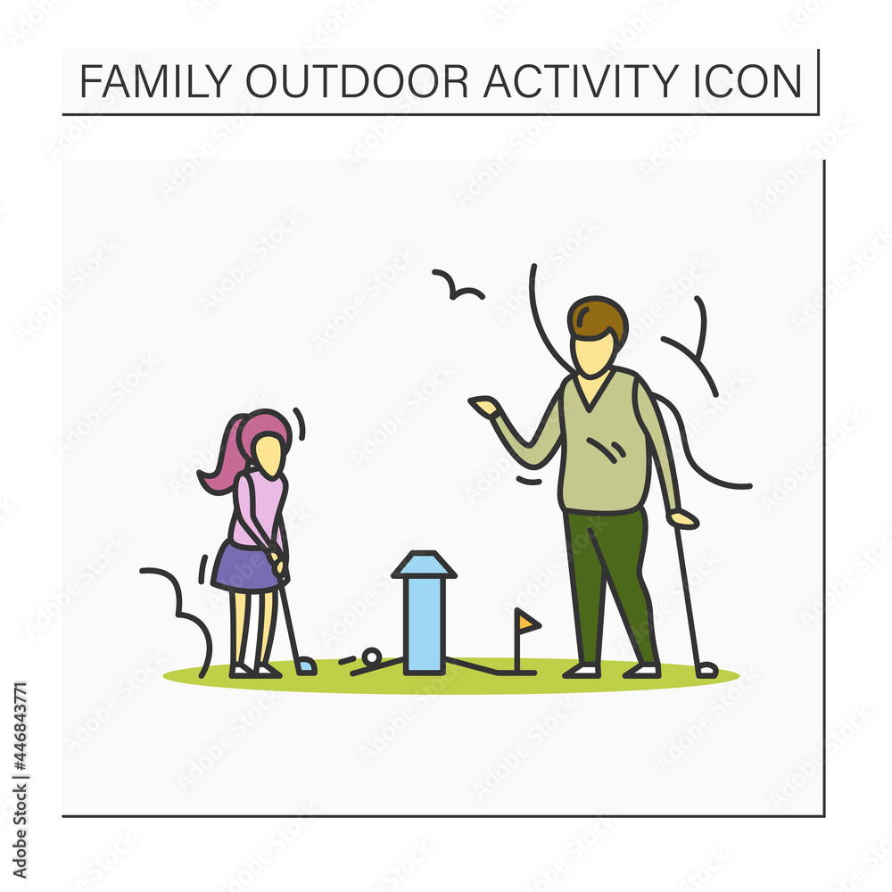 Miniature golf color icon. Father and daughter playing mini golf game ...