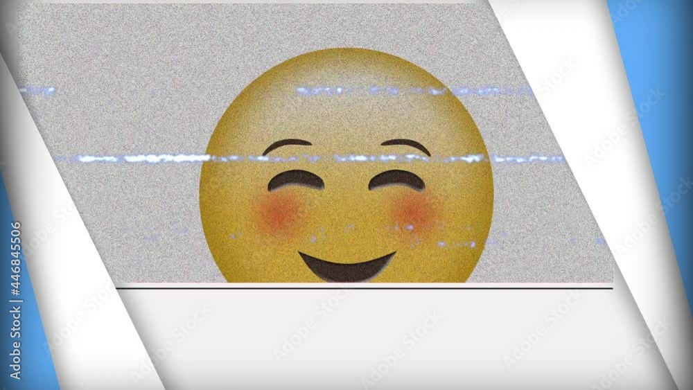 Digital animation of tv static effect over blushing face emoji on white ...