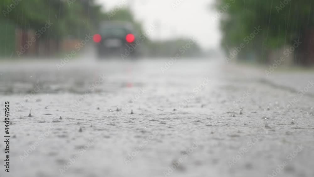 Rain water drops falling into big puddle on asphalt. Car traffic on the ...