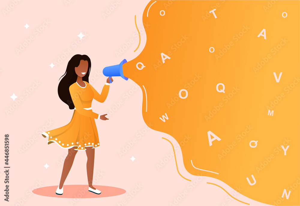 Advertising and promotion concept. Woman cartoon character standing and ...