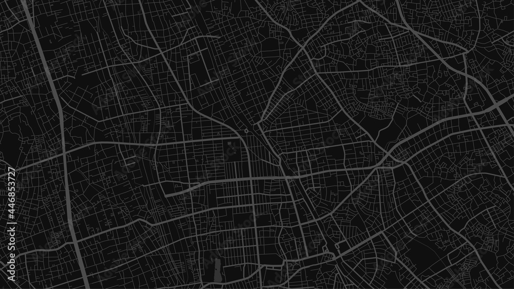 Dark black Saitama City area vector background map, streets and water ...
