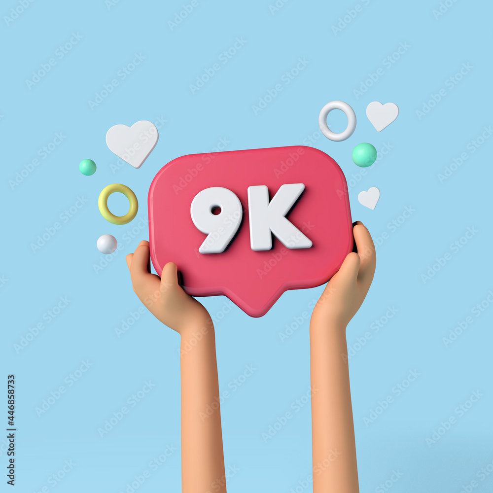 9k social media subscribers sign held by an influencer. 3D Rendering ...