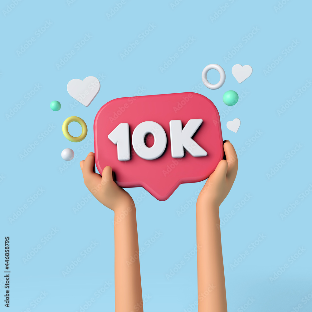 10k social media subscribers sign held by an influencer. 3D Rendering ...