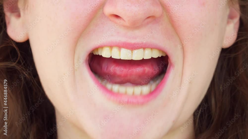 Adult fat girl smile and show tongue, throat. Happy woman close up ...