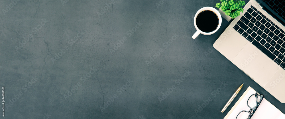 Top view desk with computer laptop and office equipment for work area ...